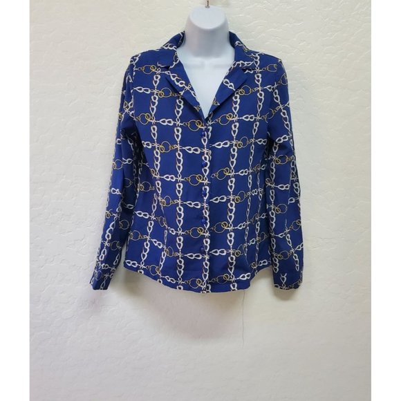 CBR | Tops | Cbr Blouse Collar Navy Chain Link Print | Poshmark